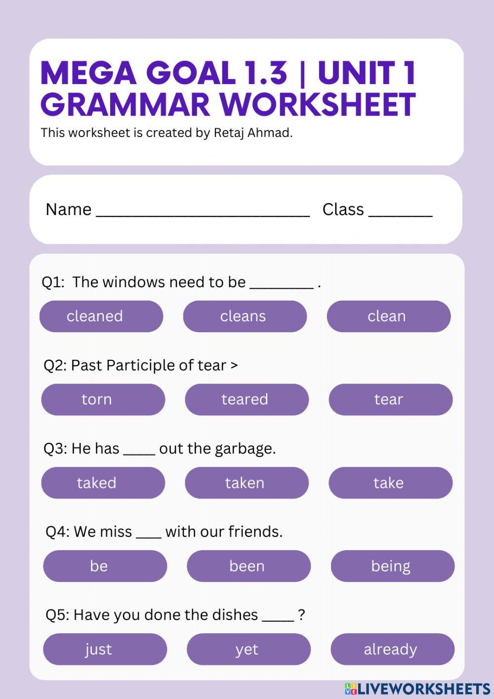 7010672 | Mega Goal 1.3 - Unit 1Grammar worksheet