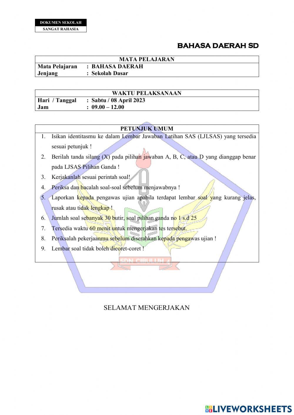 To 2 bahasa sunda worksheet | Live Worksheets