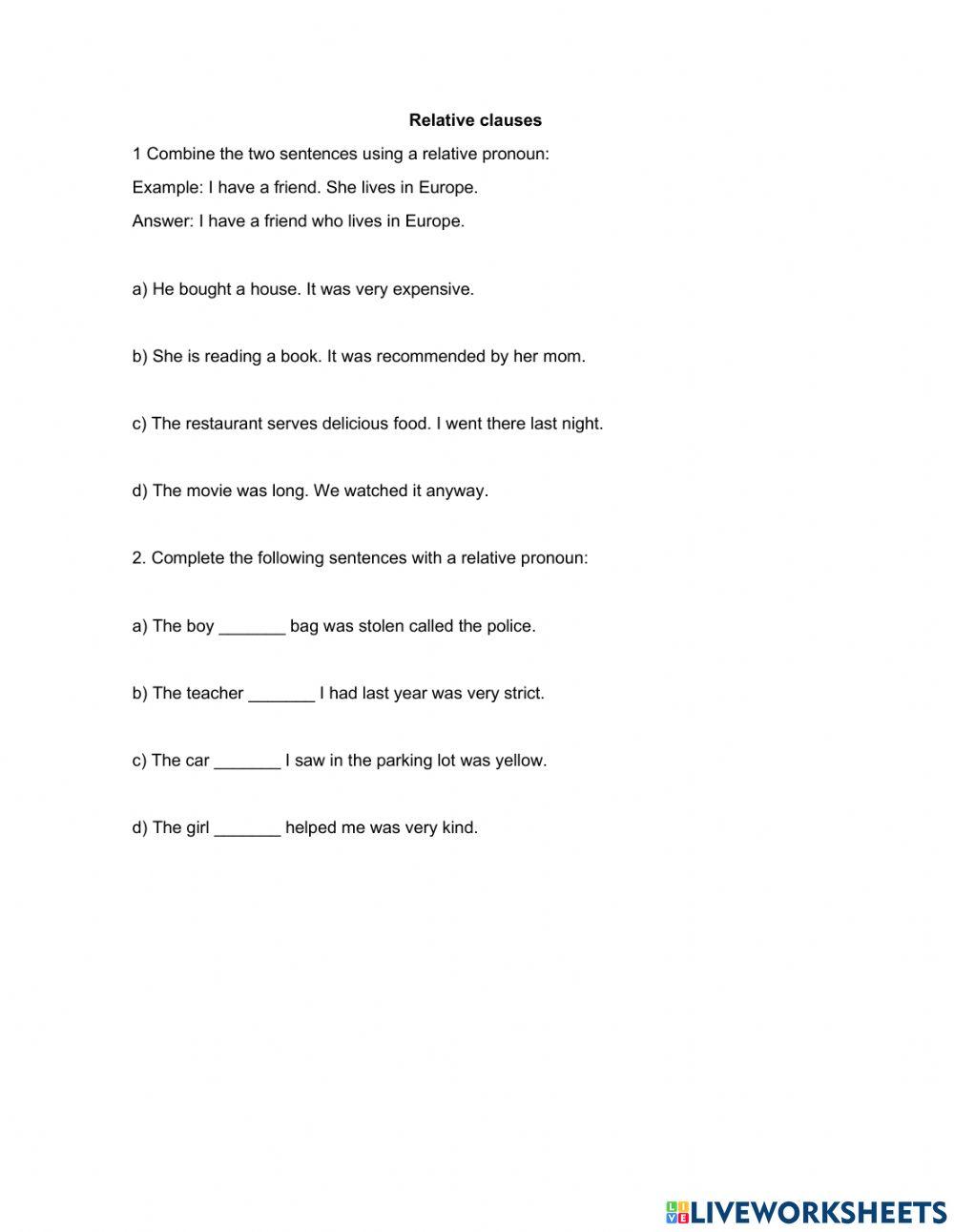 Relative clauses online exercise for básico | Live Worksheets