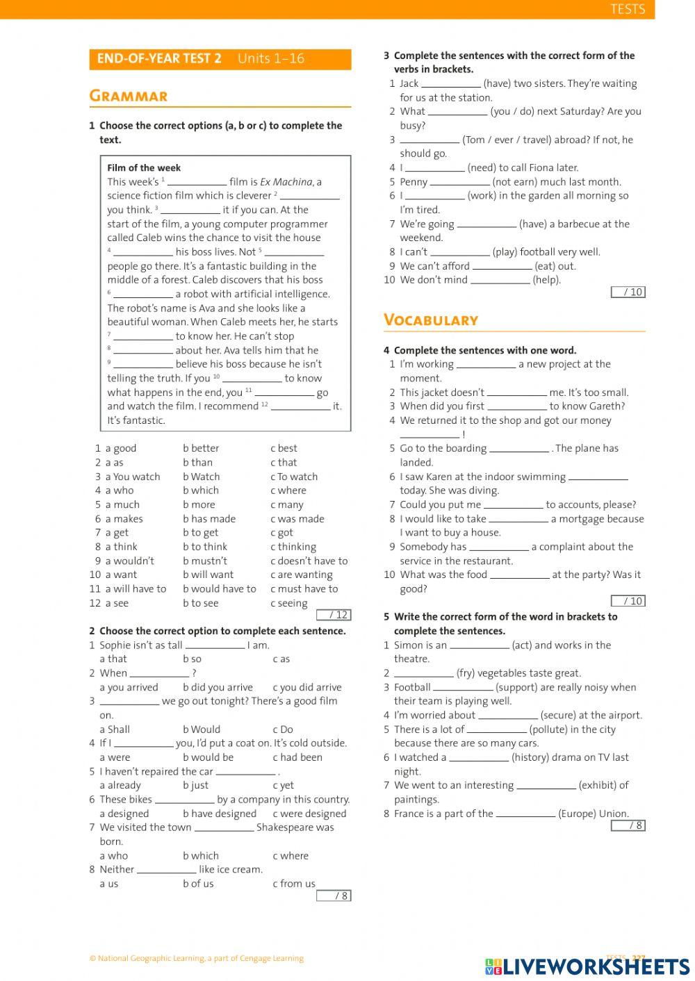 Outcomes-Pre-Intermediate-EOT-2 online exercise for | Live Worksheets