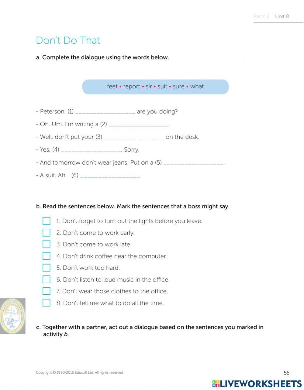 WORKBOOK UNIT 8 PG. 55-57 online exercise for | Live Worksheets