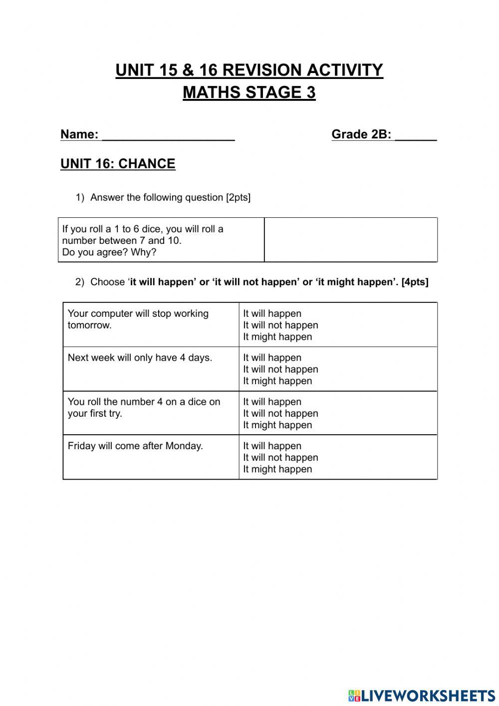 Maths Revision Activity Unit 15 - 16 6945186 | MariWabeke