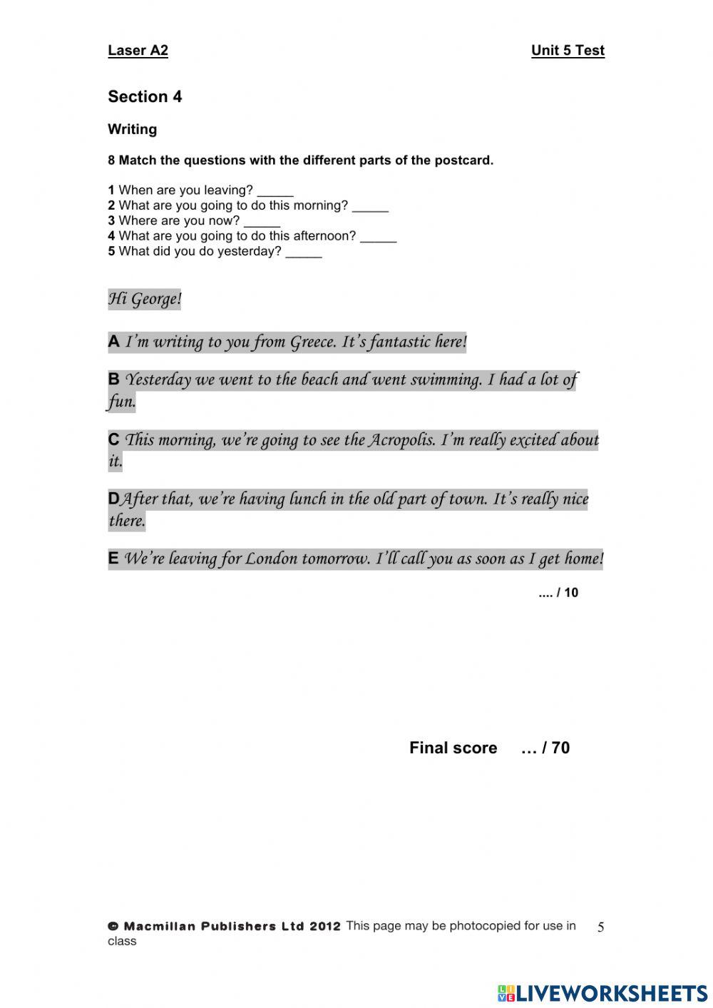 Laser A2 Unit 5 | Free Interactive Worksheets | 6955397