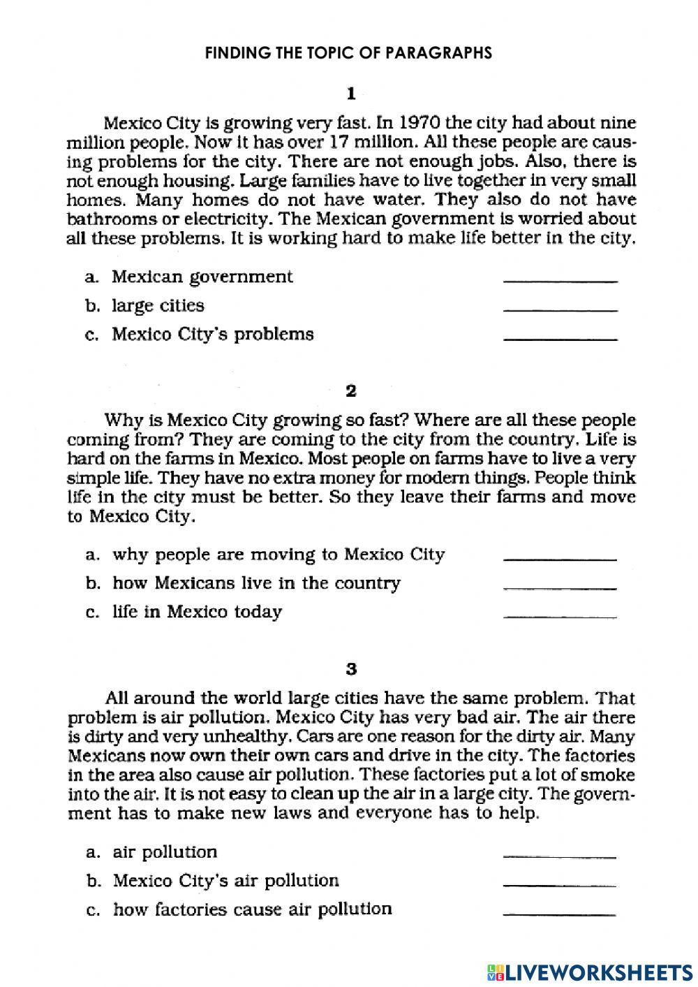 Topics of Paragraphs worksheet | Live Worksheets