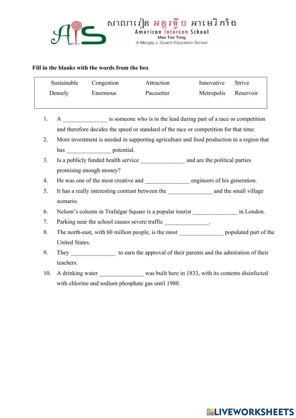Vocabulary - Classwork online exercise for | Live Worksheets