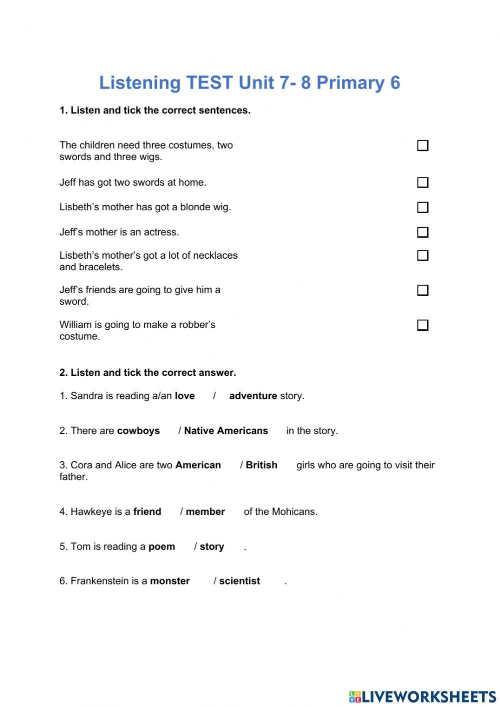 LISTENING TEST units 7-8 Y6 worksheet | Live Worksheets