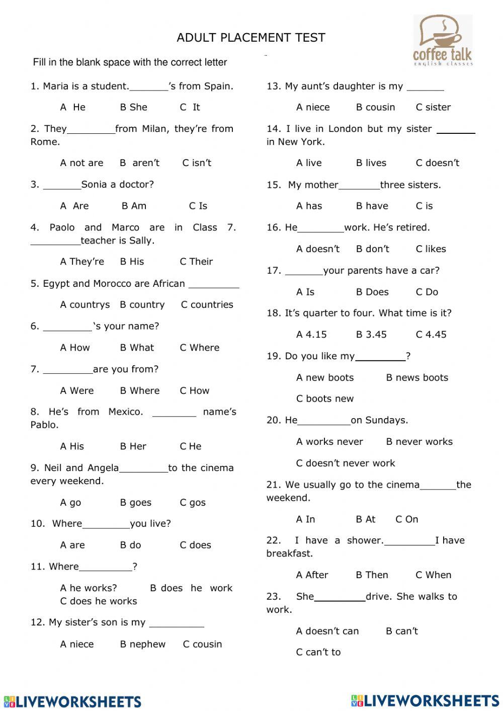 Placement test online exercise for | Live Worksheets