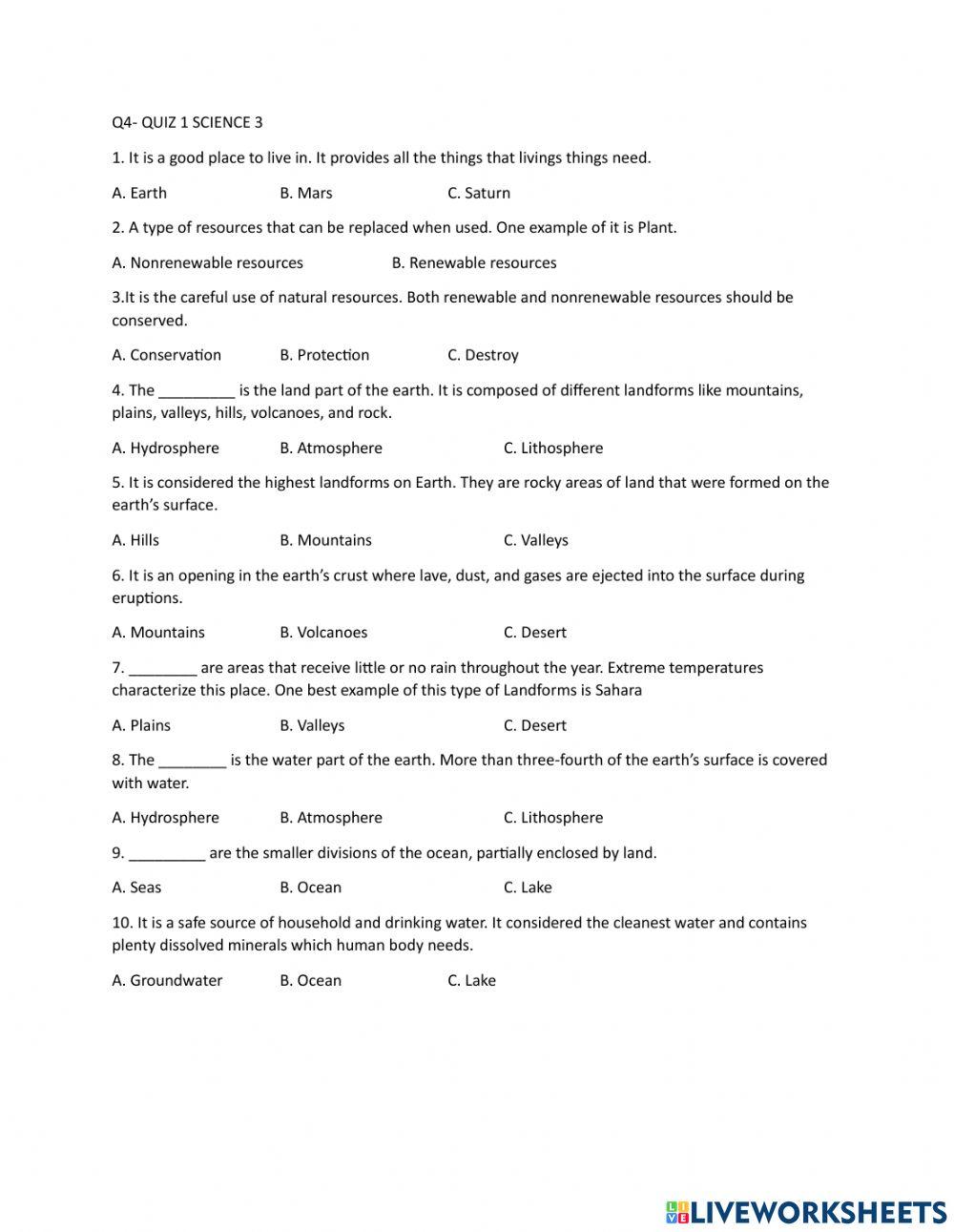SCIENCE 3 QUIZ 1 Q4 online exercise for | Live Worksheets