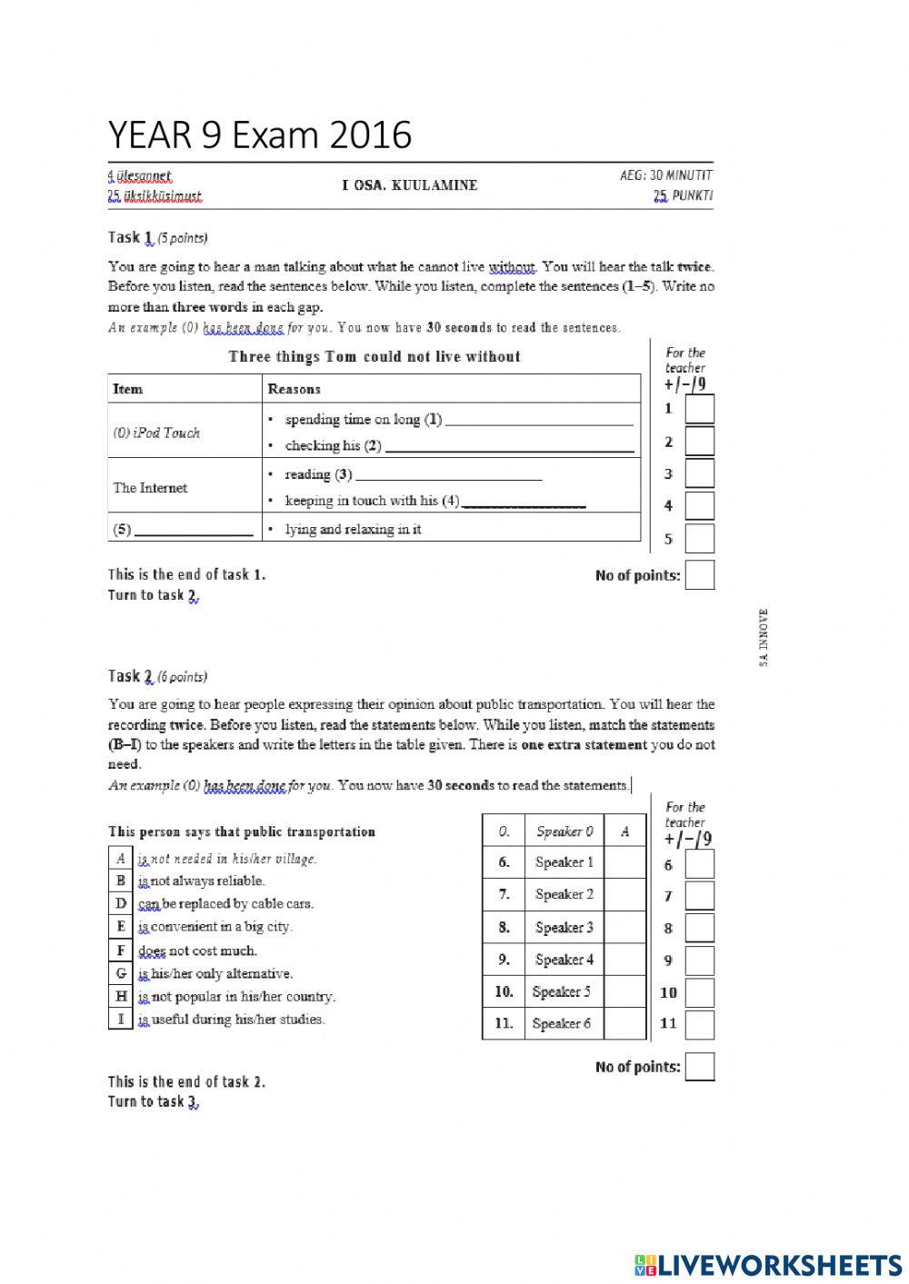 Year 9 Exam 2016, part 1. Listening online exercise for | Live Worksheets