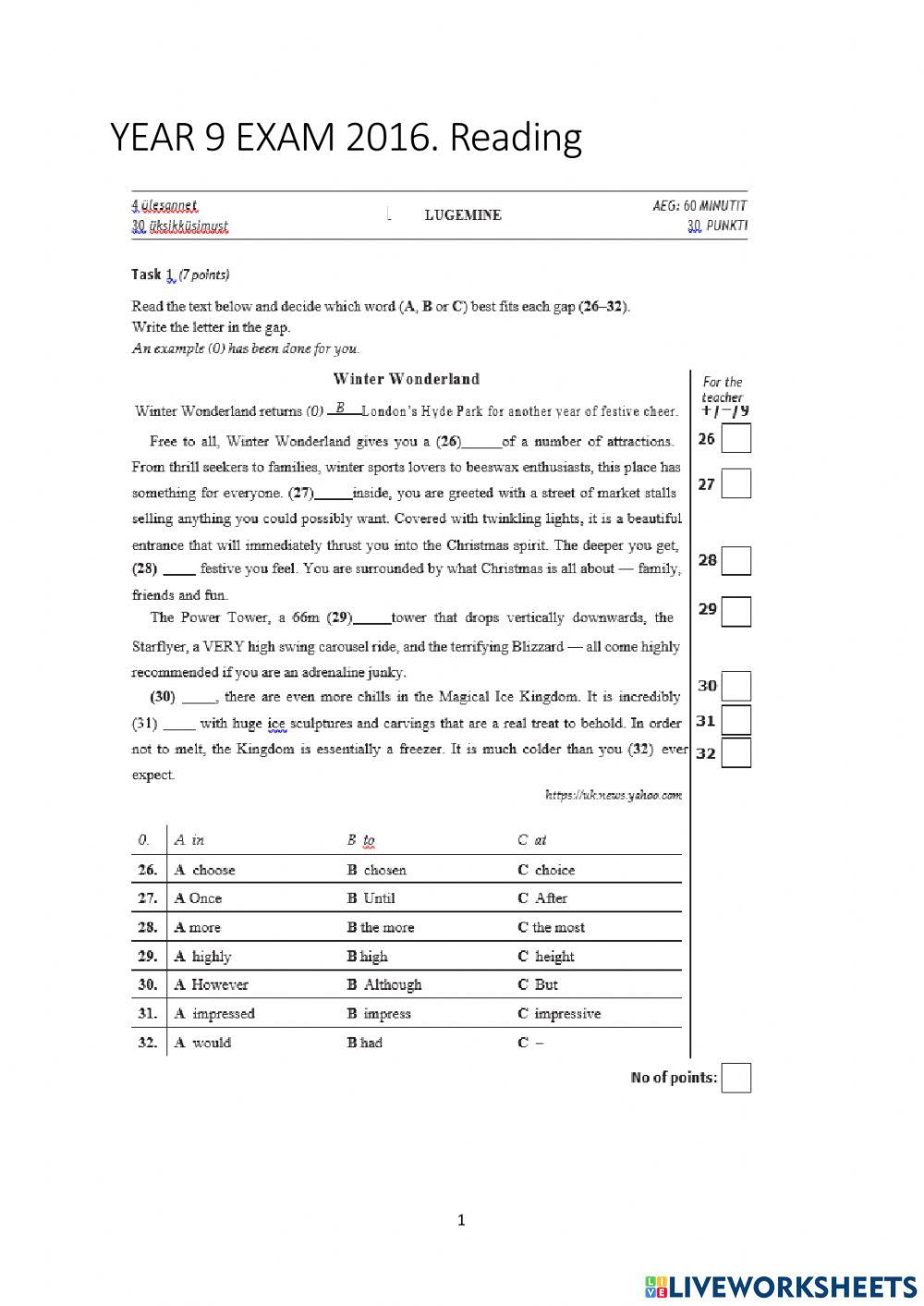Year 9 exam 2016, part 2. Reading part 1 6943221 | ennaau