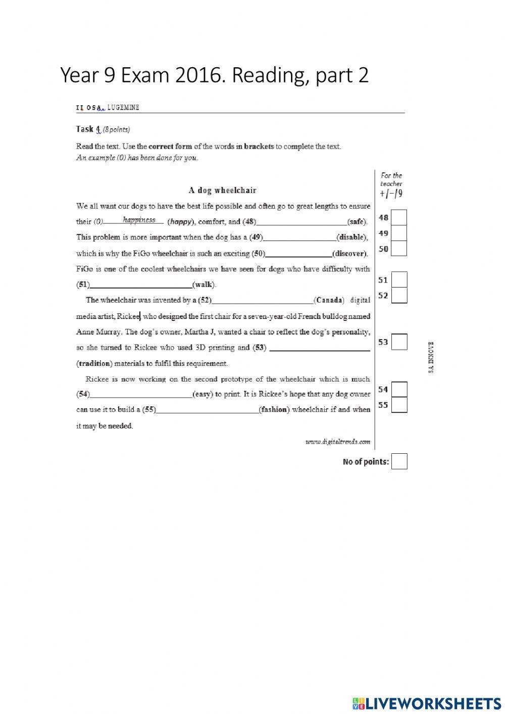 Year 9 Exam 2016. Reading, part 2 online exercise for | Live Worksheets