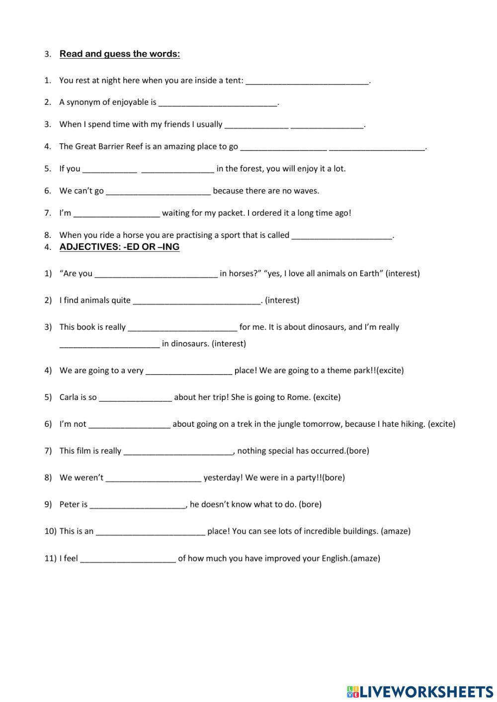 Vocabulary+ed ing adjectives + adverbs worksheet | Live Worksheets