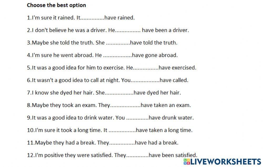 Modals and perf… | Free Interactive Worksheets | 7016866