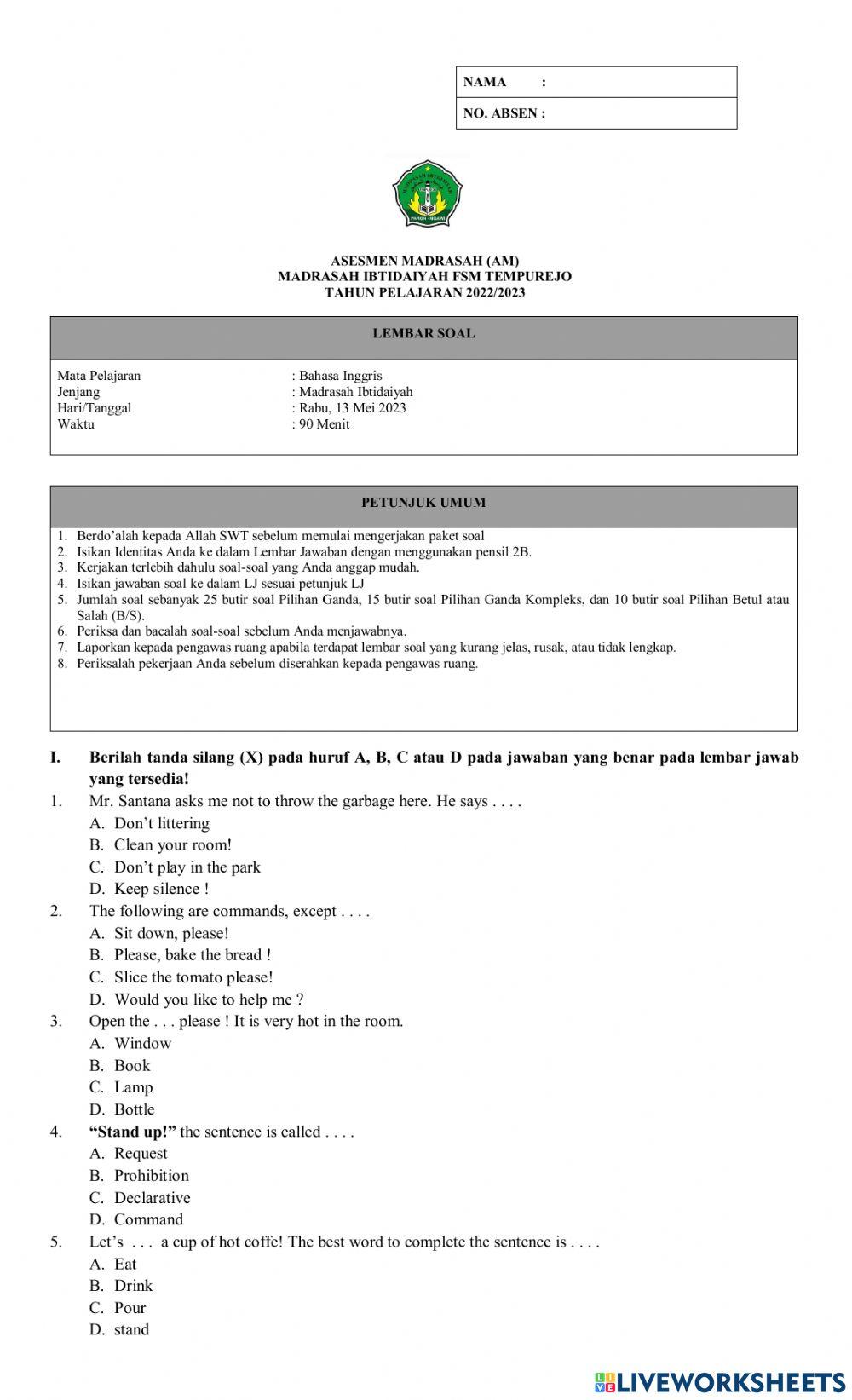 Bahasa Inggris online exercise for 6 | Live Worksheets