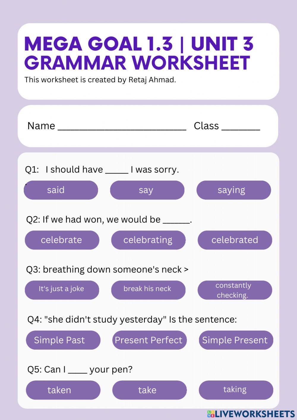 7015900 | Mega Goal 1.3 - Unit 3 Grammar worksheet
