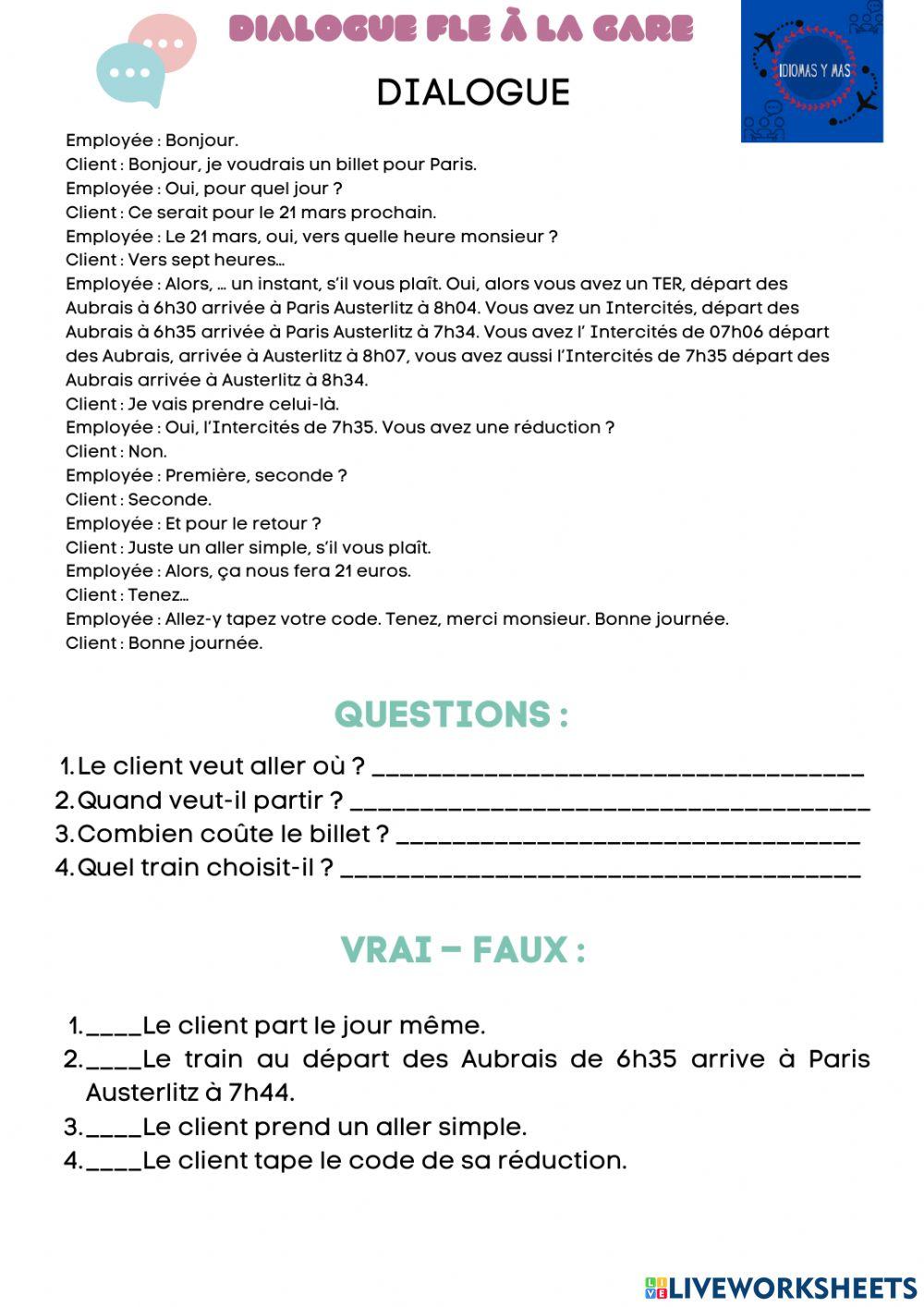 Dialogue FLE à … | Free Interactive Worksheets | 7137919