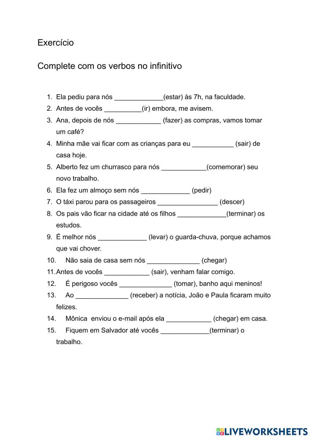 Infinitivo | Free Interactive Worksheets | 6971639