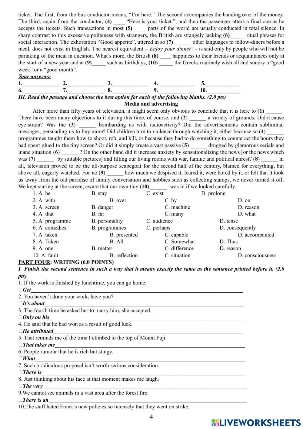 Đề thi chuyên Anh lớp 10 online exercise for | Live Worksheets