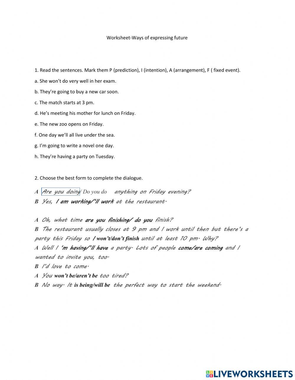 WAYS OF EXPRESSING FUTURE online exercise for | Live Worksheets