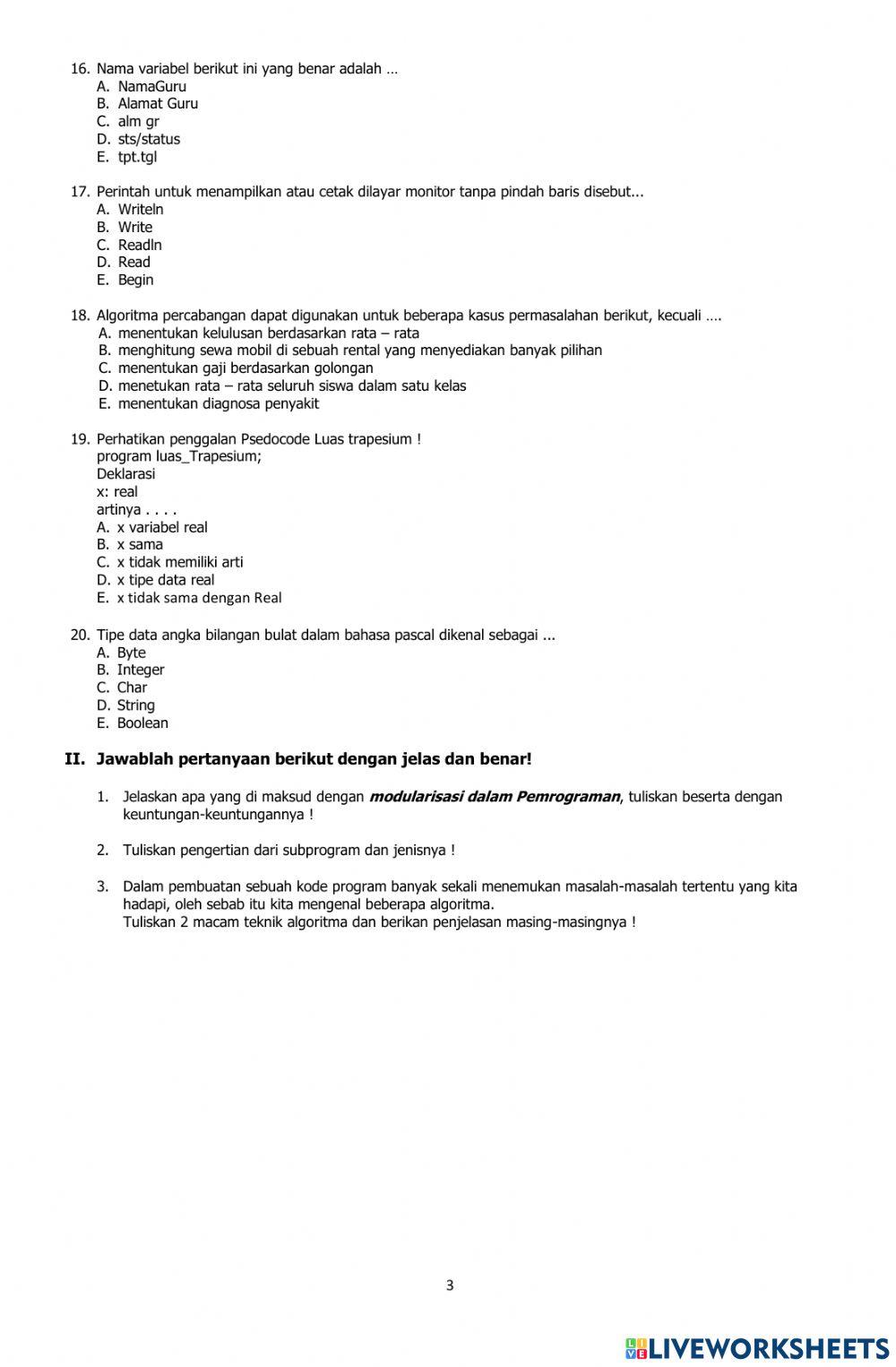 PH Kelas XI Bab 4 dan Bahasa Pascal online exercise for | Live Worksheets