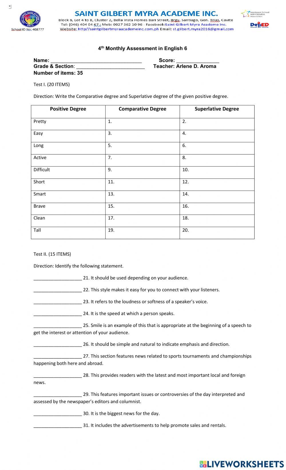 ENGLISH 4TH 6958555 | Arlenearoma | Live Worksheets