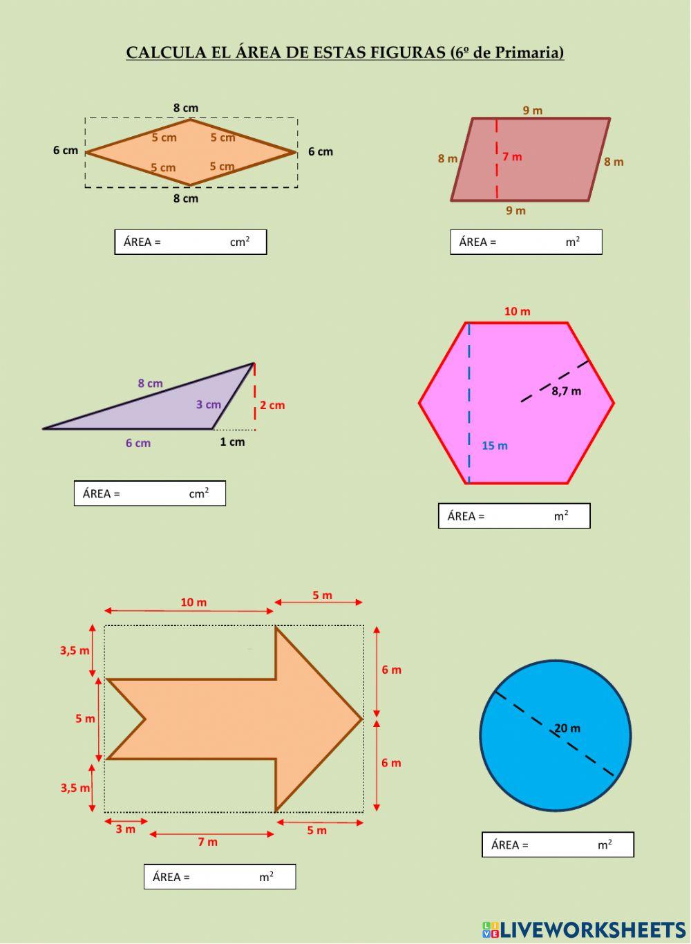 Áreas de figuras planas Matemáticas activity | Live Worksheets