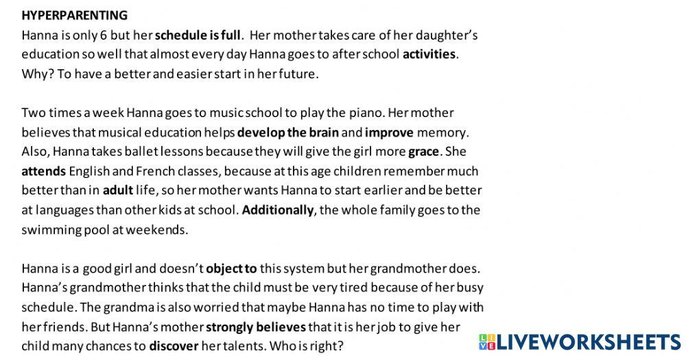 HYPER PARENTING READING online exercise for | Live Worksheets