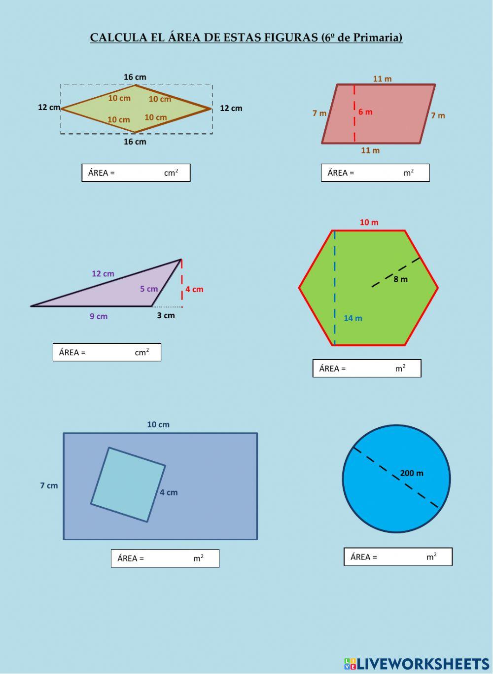 Áreas de figuras planas Matemáticas exercise | Live Worksheets
