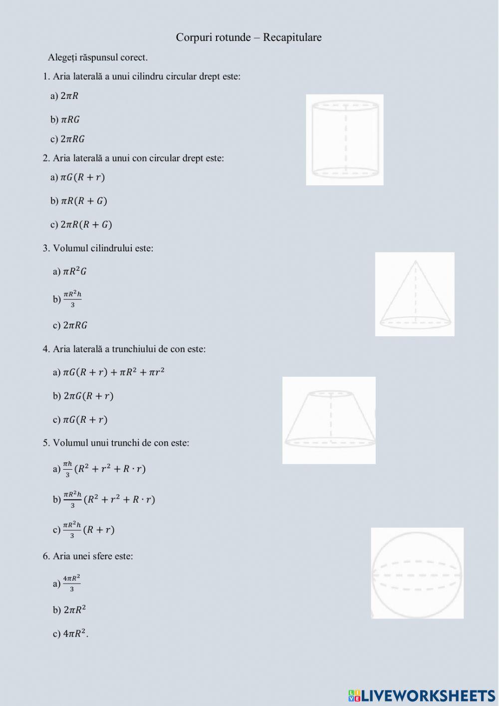 Recapitulare formule corpuri rotunde online exercise for | Live Worksheets