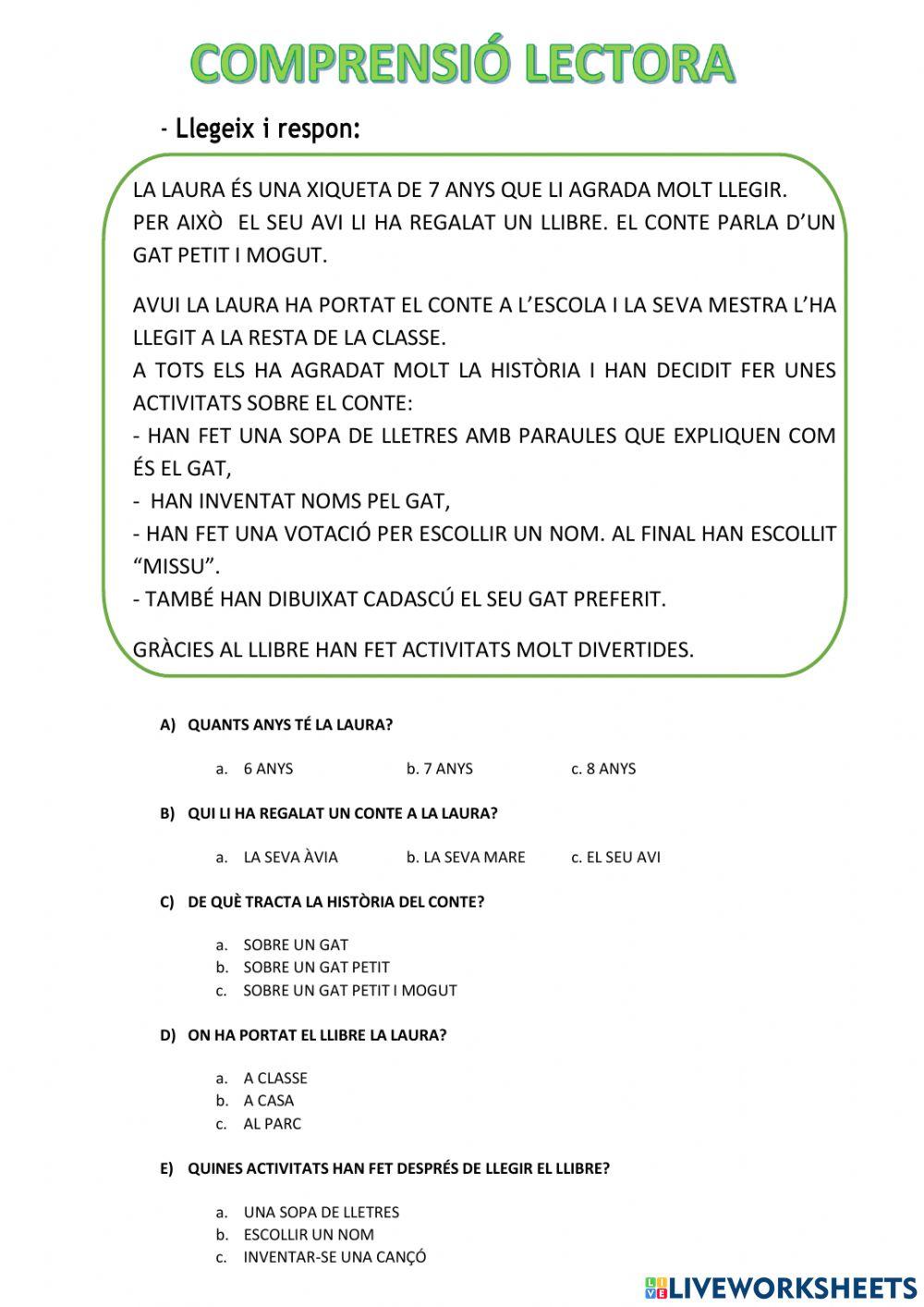 Comprensió Lect… | Free Interactive Worksheets | 6993778