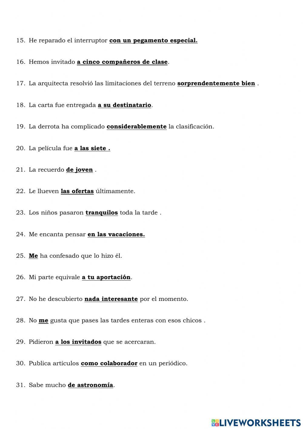Sintaxis oración simple worksheet | Live Worksheets