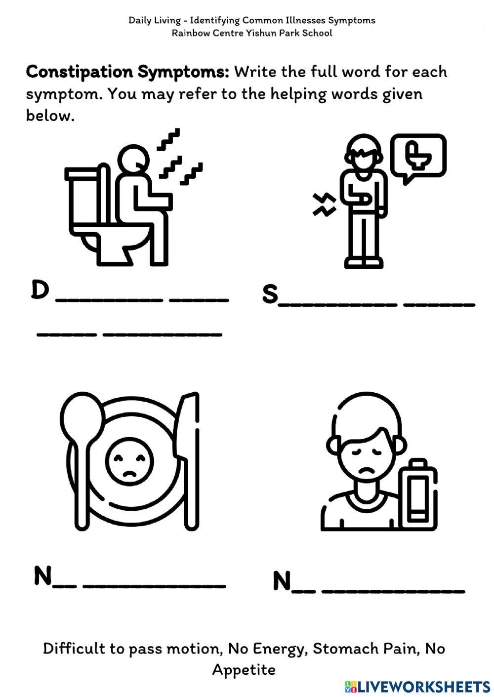 Flu, Constipation and Chickenpox Symptoms Worksheet online exercise for | Live Worksheets