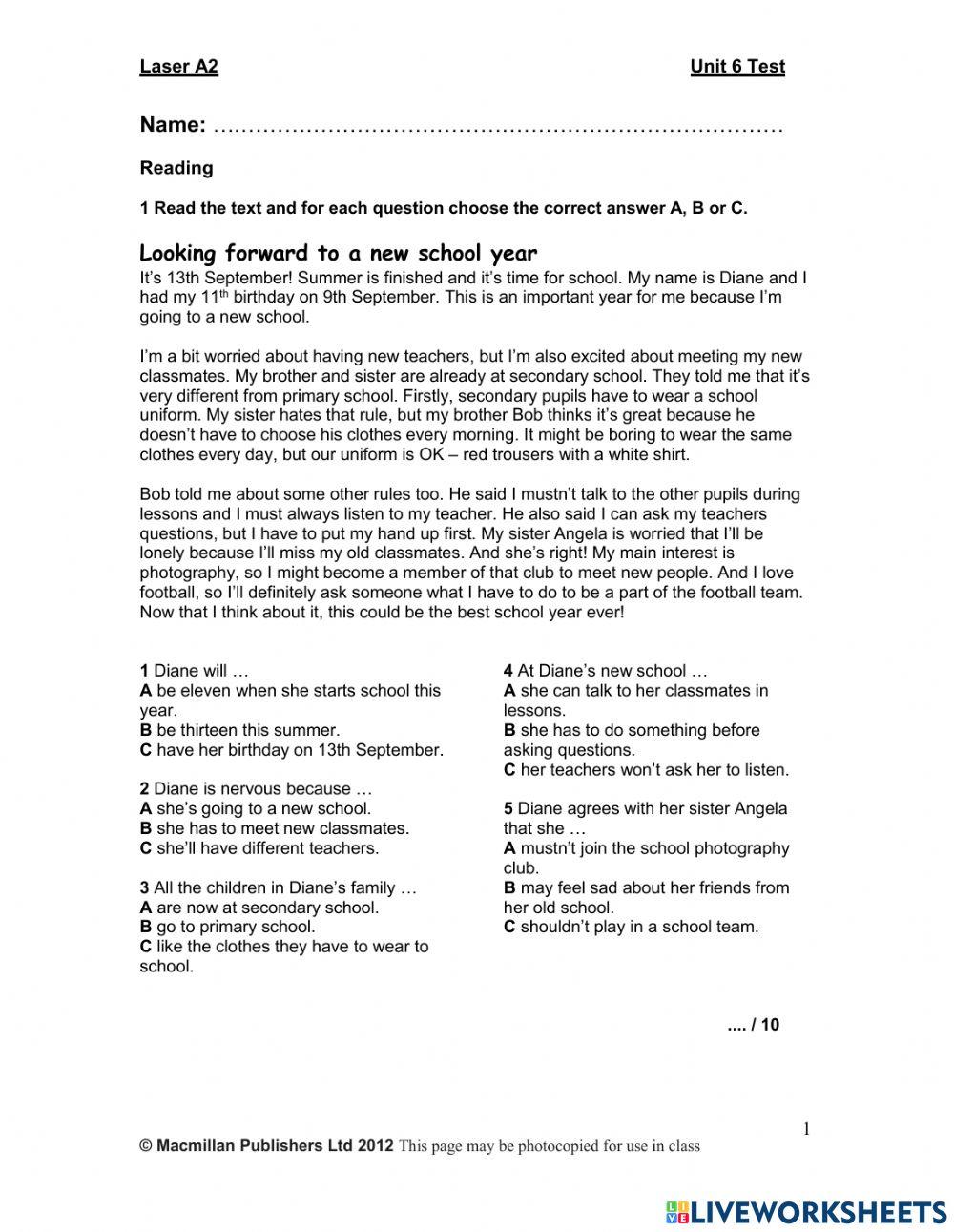 Test Unit 6 Laser A2 online exercise for | Live Worksheets