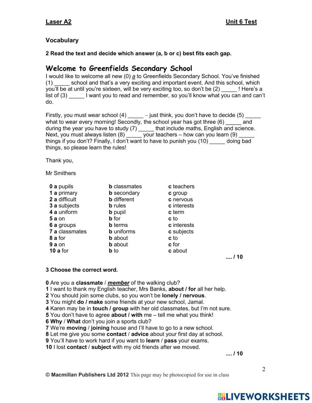 Test Unit 6 Laser A2 online exercise for | Live Worksheets