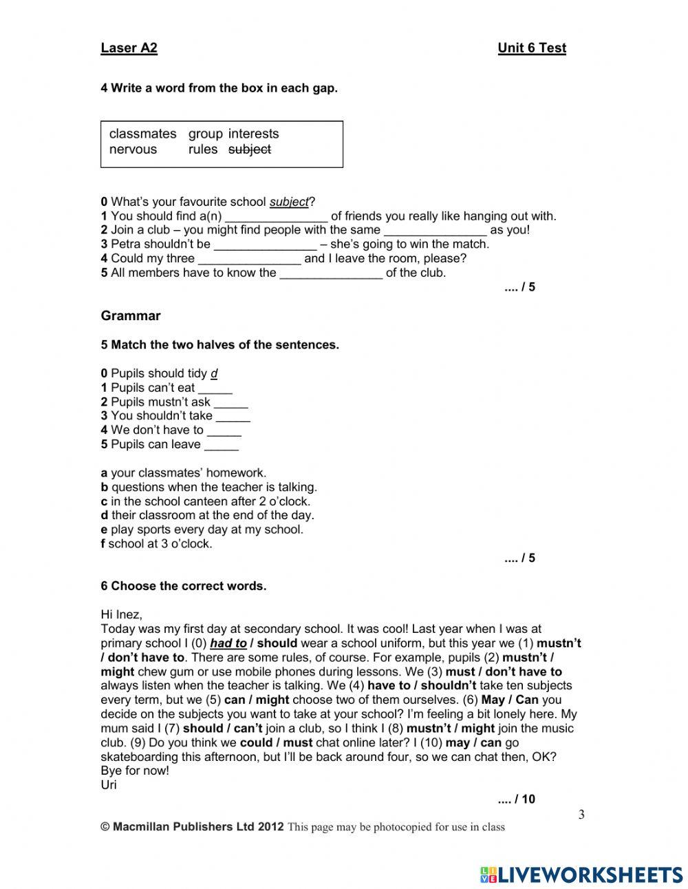 Test Unit 6 Laser A2 online exercise for | Live Worksheets