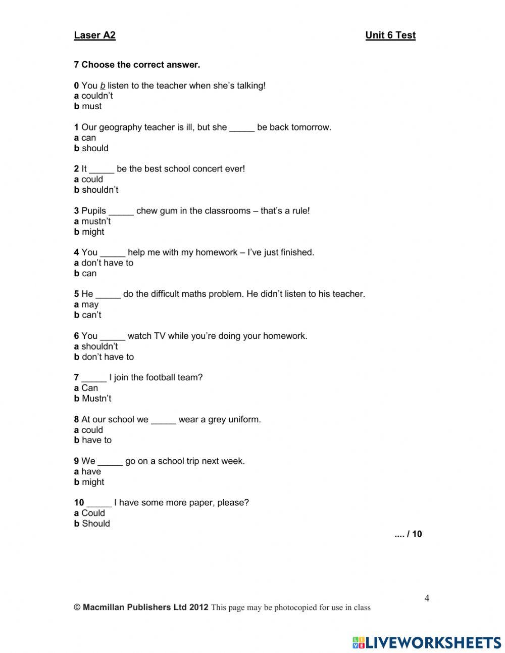 Test Unit 6 Laser A2 online exercise for | Live Worksheets