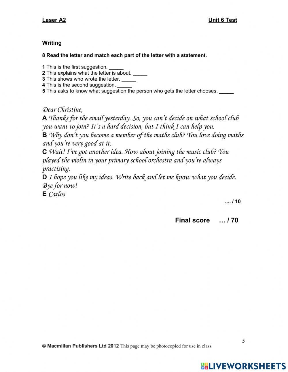 Test Unit 6 Laser A2 online exercise for | Live Worksheets