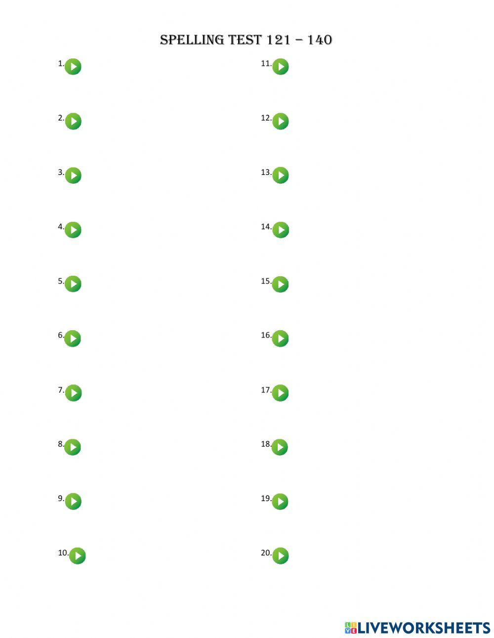 Spelling 121 - 140 worksheet | Live Worksheets