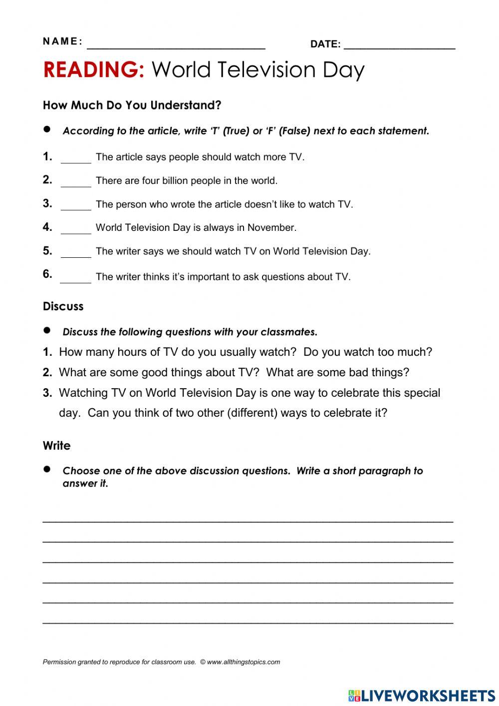 Television - World Television Day (All Things Topics) online exercise ...