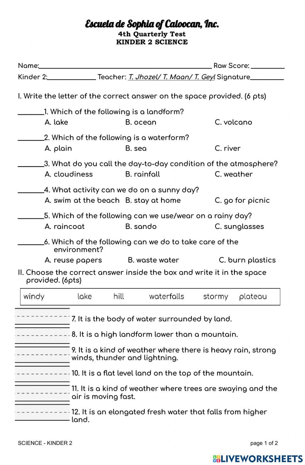 4th Quarterly Test in Science Kinder 2 online exercise for | Live ...