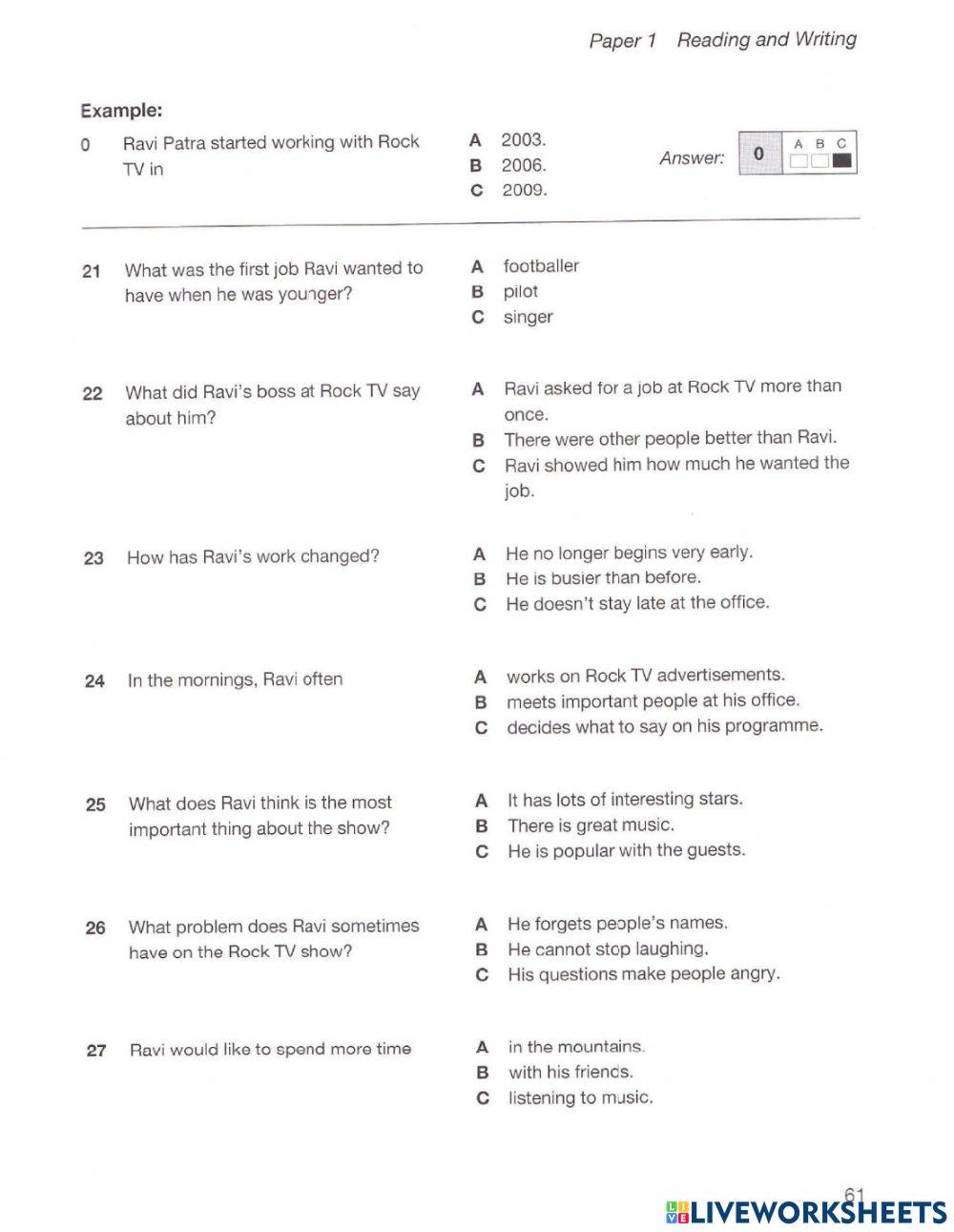A2-READING TEST 3- BOOK 1 online exercise for | Live Worksheets