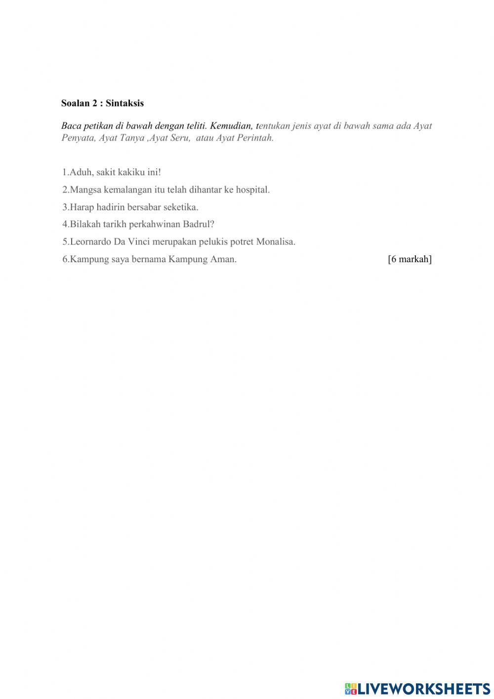 Soalan Sintaksis worksheet | Live Worksheets