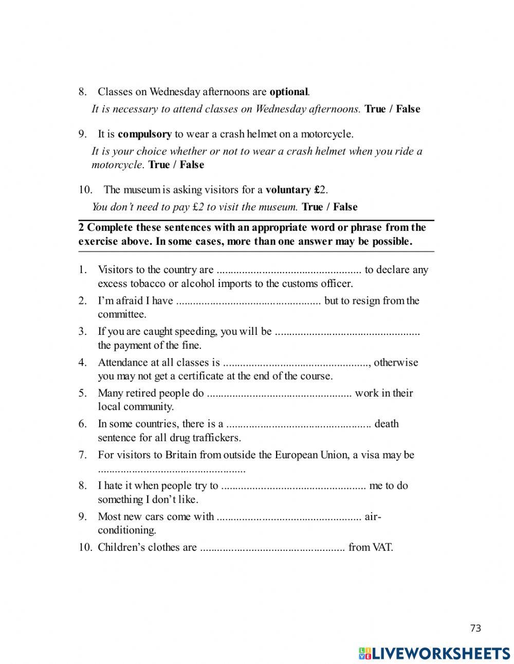 Obligation & option worksheet | Live Worksheets