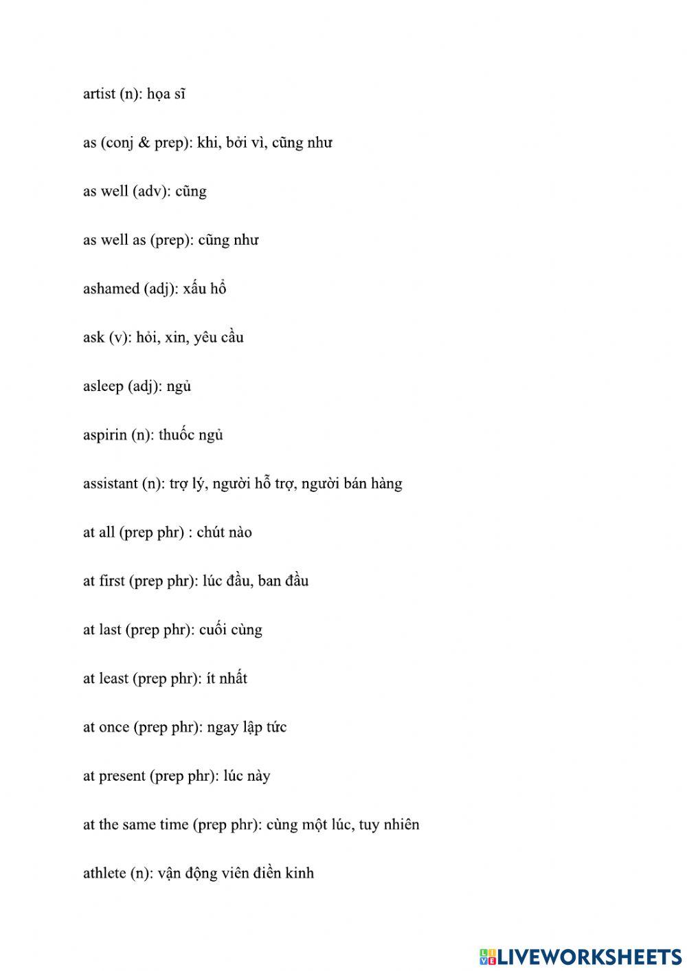 Vocabulary 2 - letter a worksheet | Live Worksheets