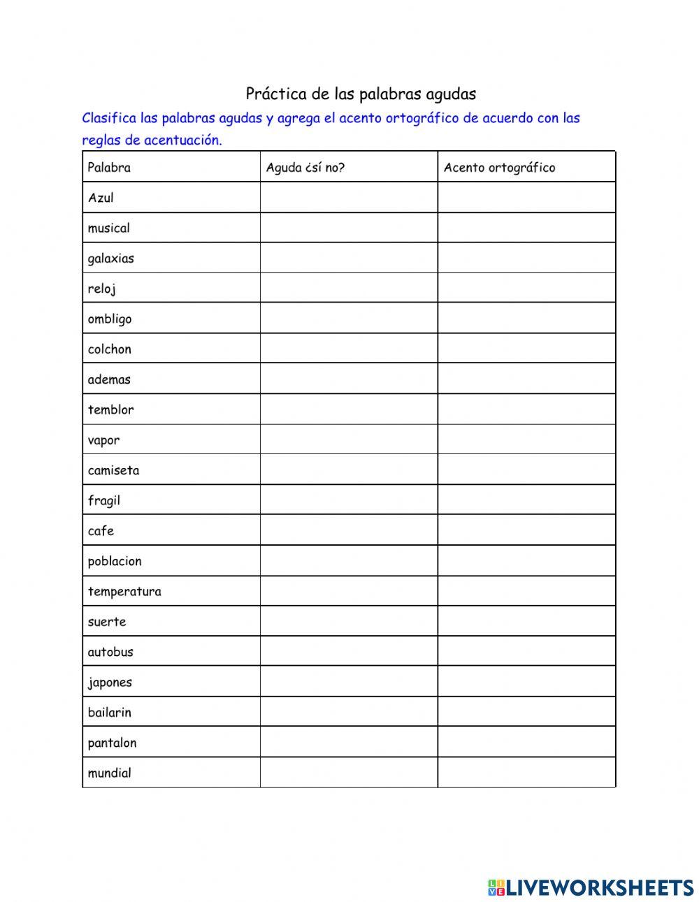 Palabras agudas interactive activity for 7 | Live Worksheets