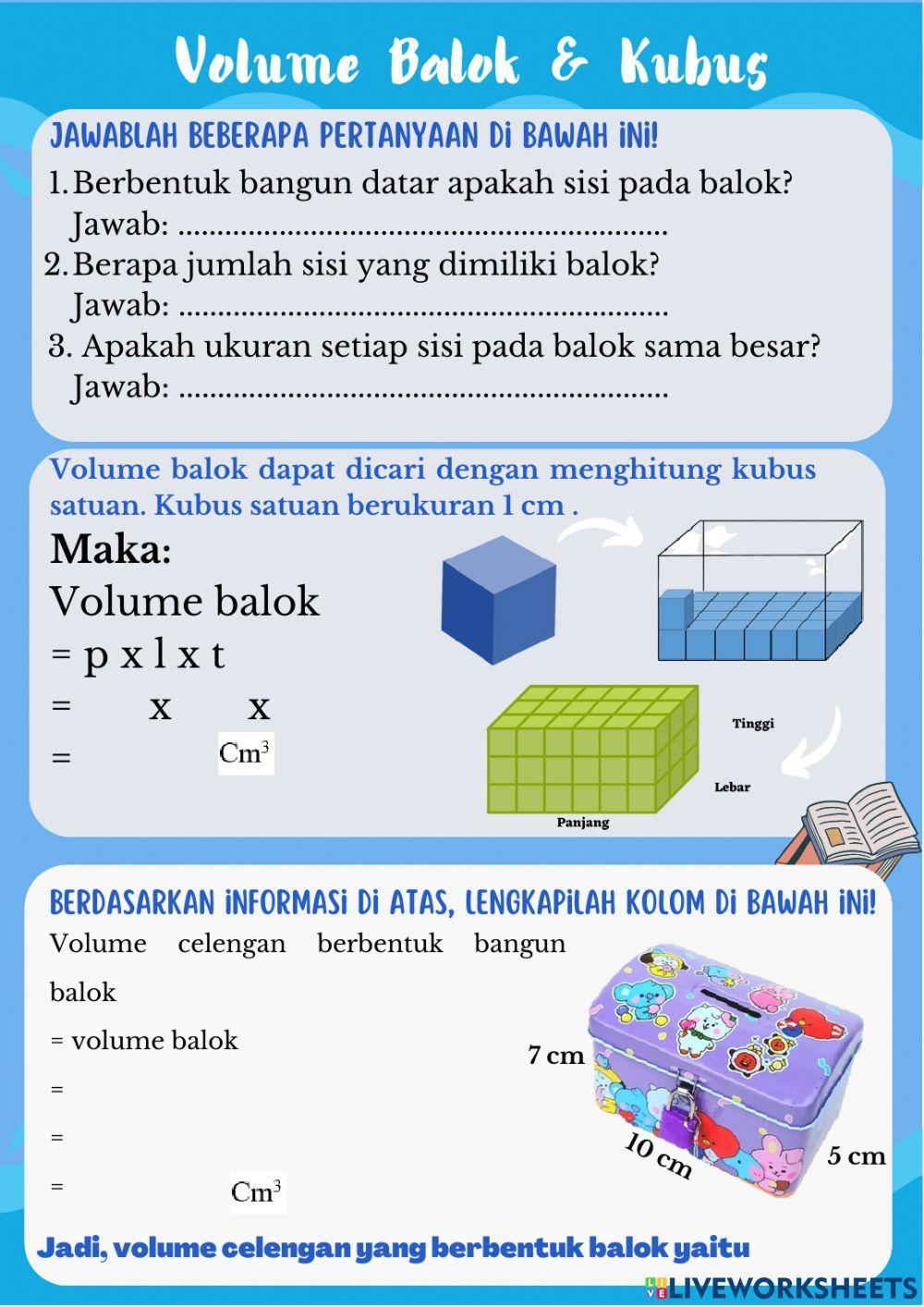Volume Bangun Ruang (balok kubus) Kelas 5 worksheet | Live Worksheets