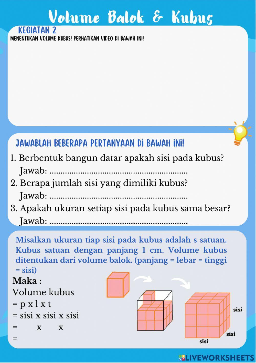 Volume Bangun Ruang (balok kubus) Kelas 5 worksheet | Live Worksheets