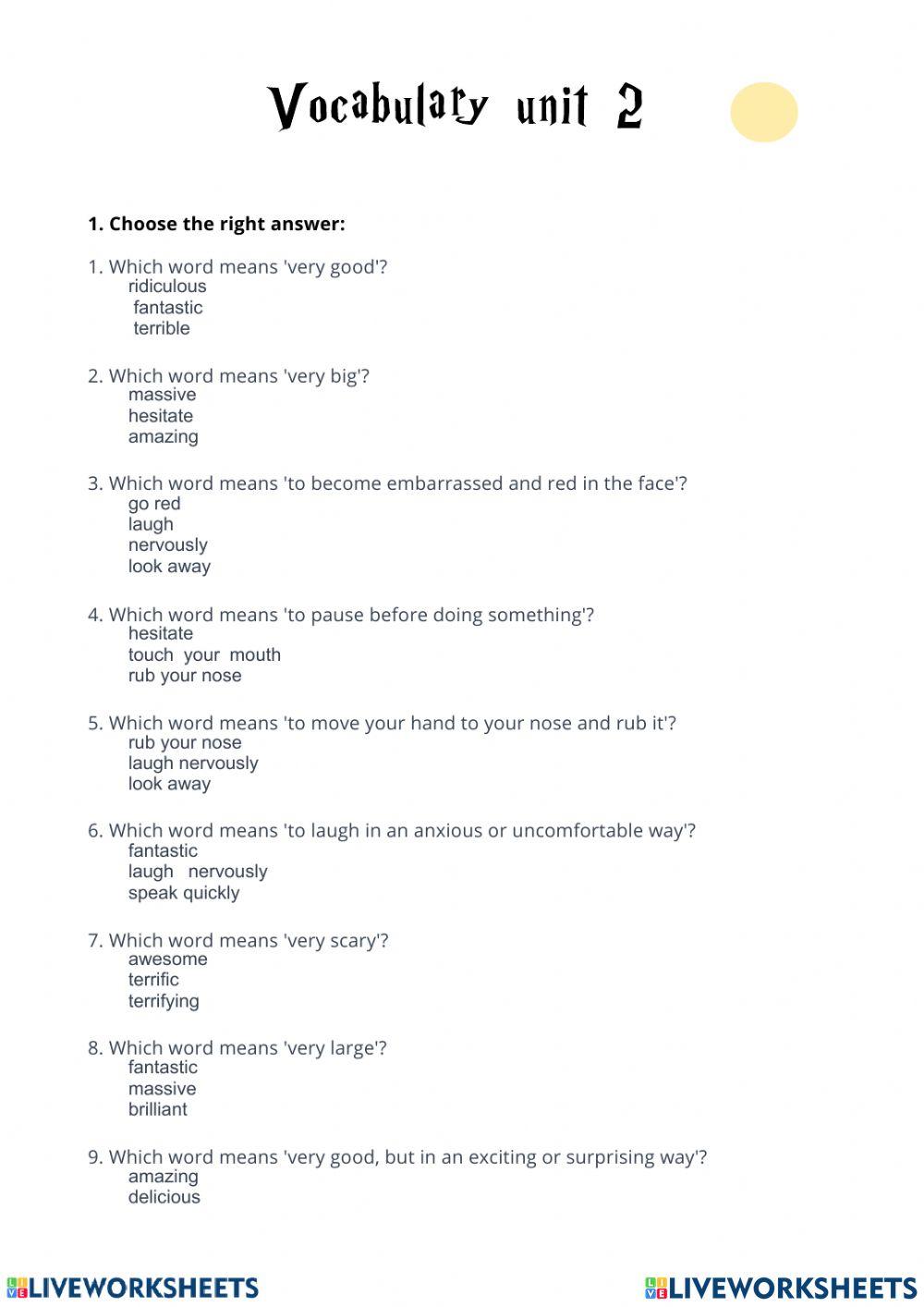 Vocabulary unit 2.2 worksheet | Live Worksheets