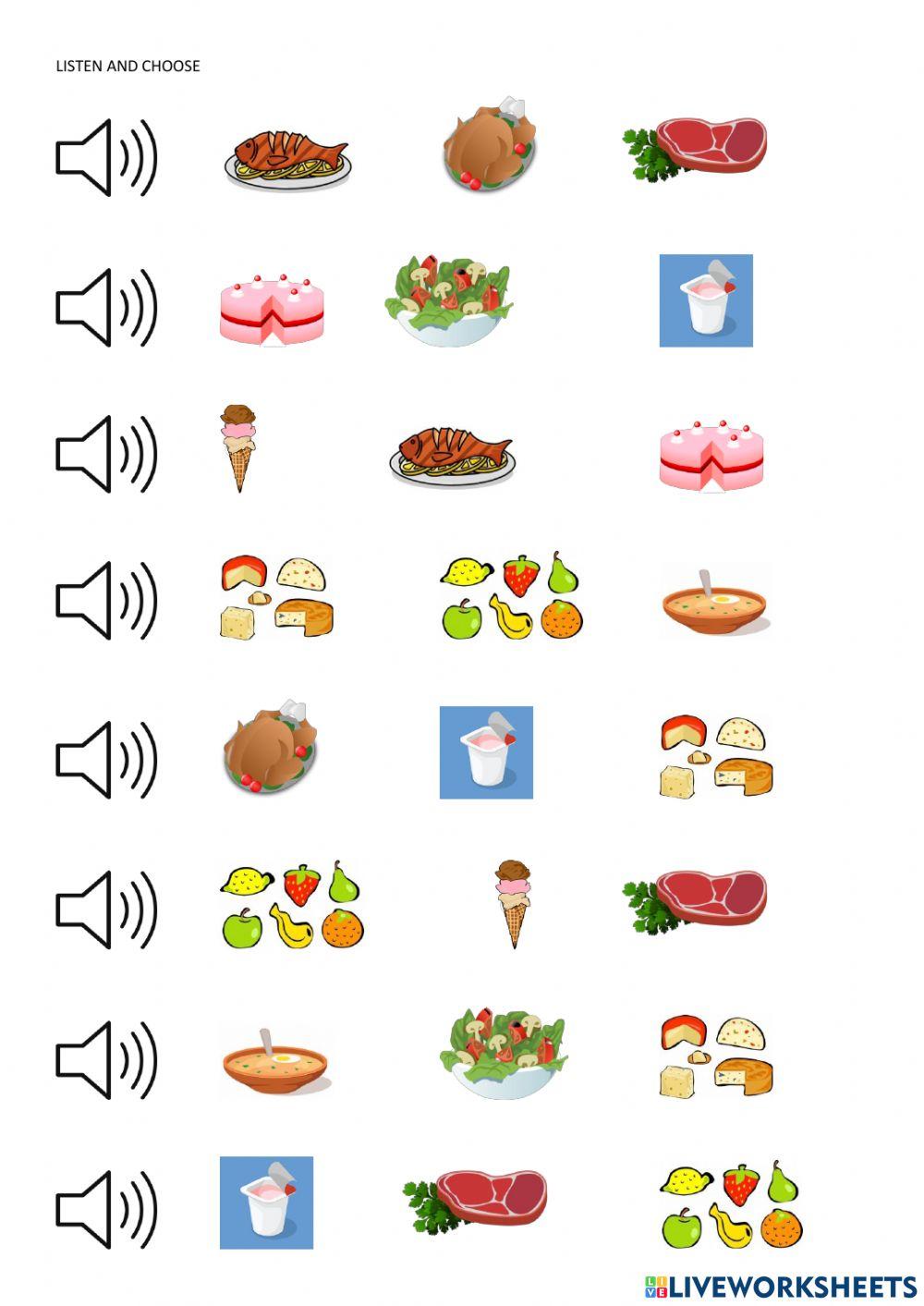 Food, listen an… | Free Interactive Worksheets | 7015395