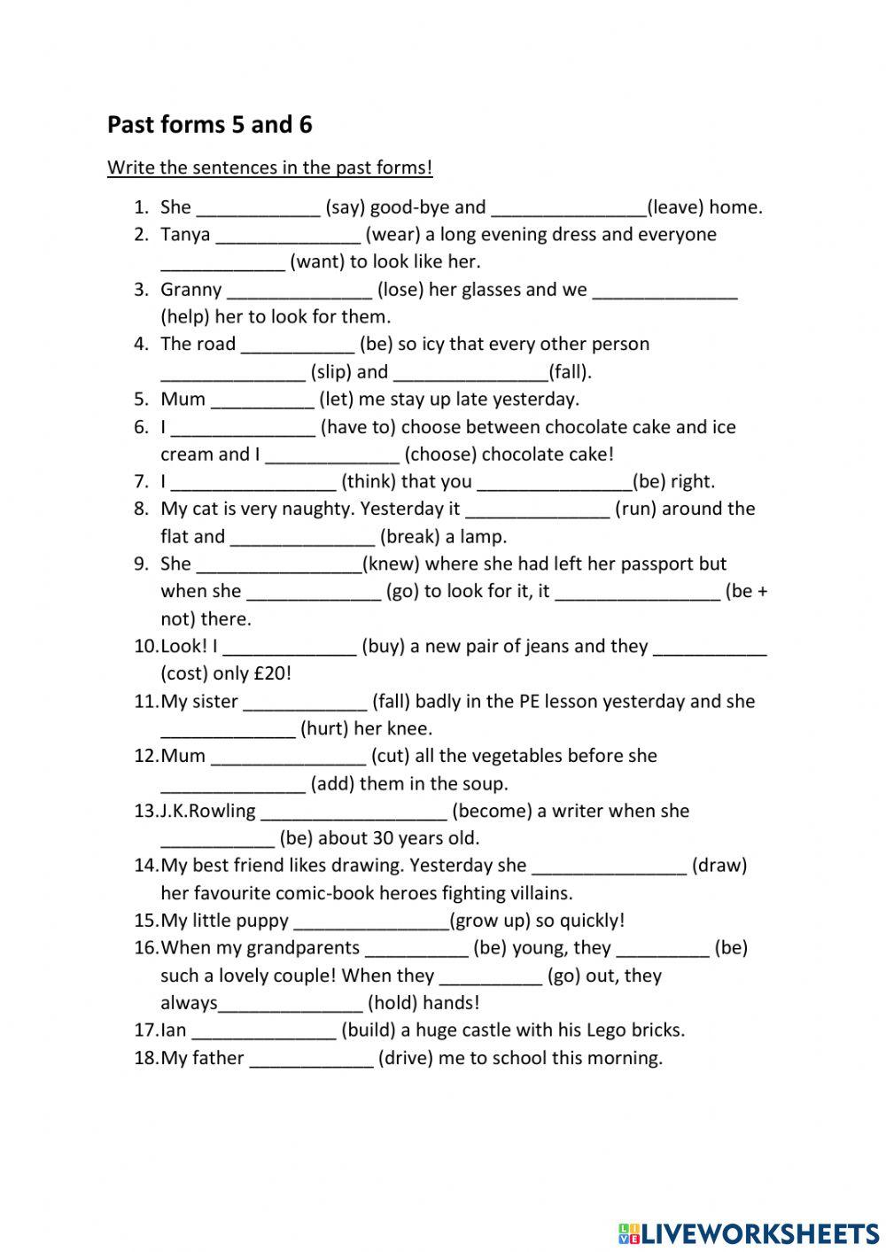 Past forms 5,6 worksheet | Live Worksheets